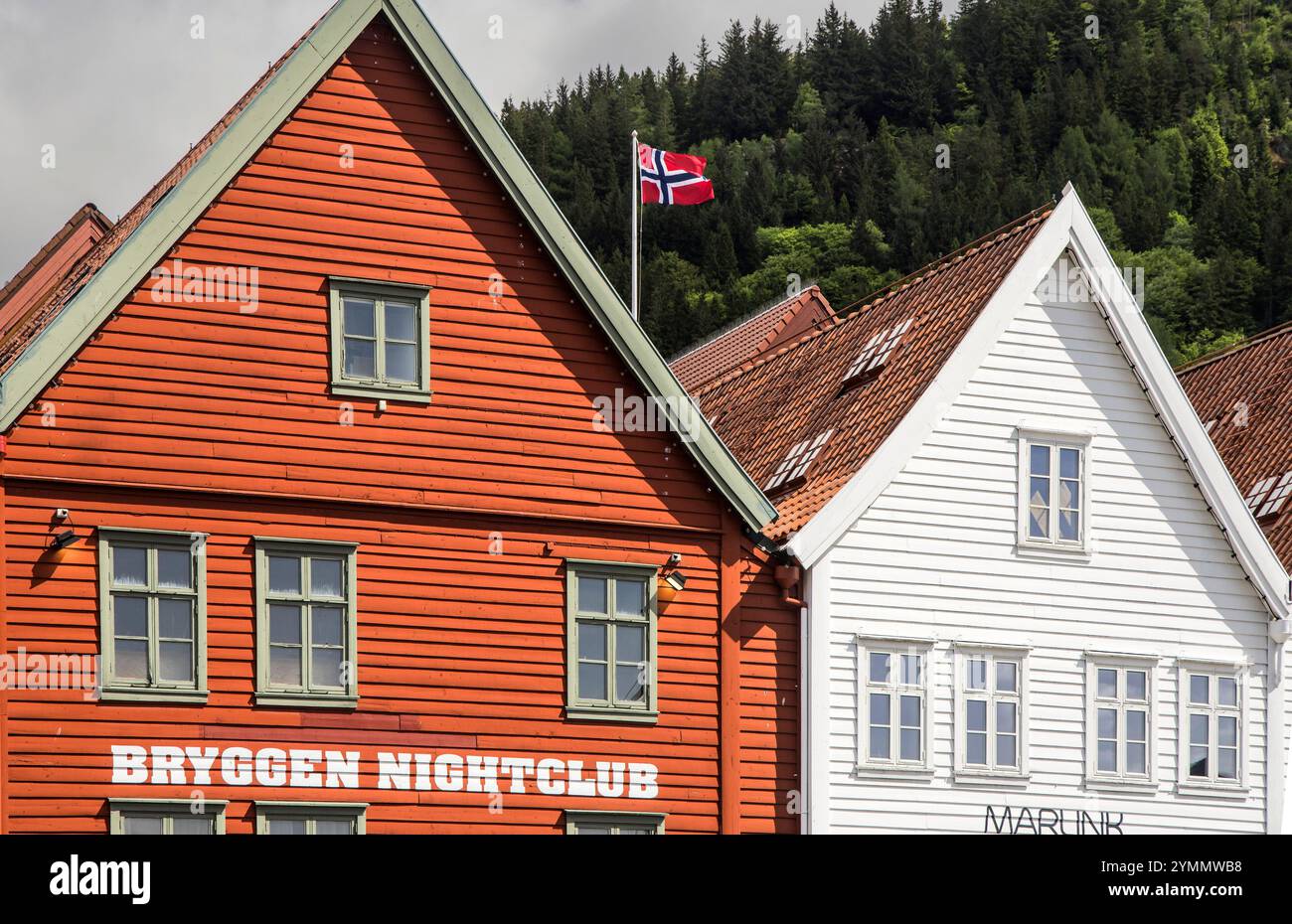 Bergen, flag, house, wooden house, Norge, Norway, city, urban Stock ...