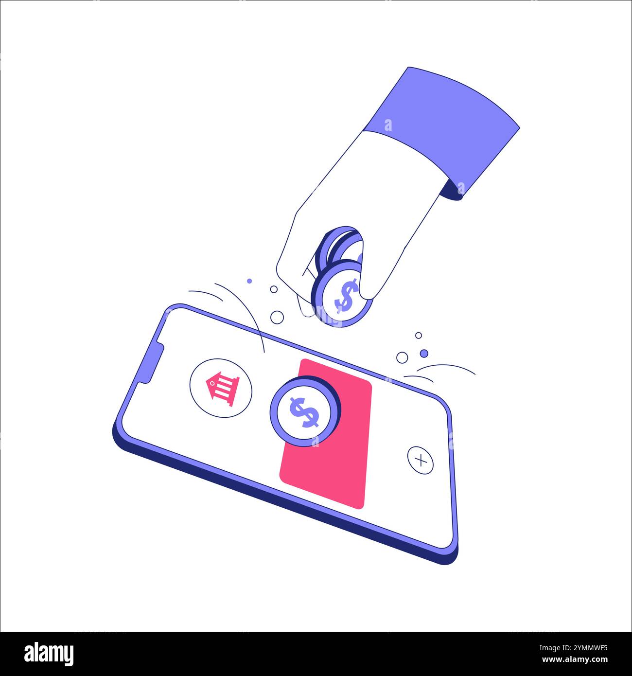 Hand Dropping Coin Into Smartphone Banking Interface In Flat Vector ...