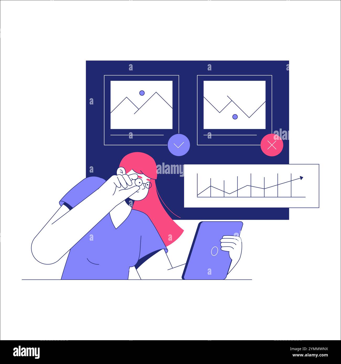 Female Specialist Reviewing Graphs And Images On Tablet In Flat Vector ...