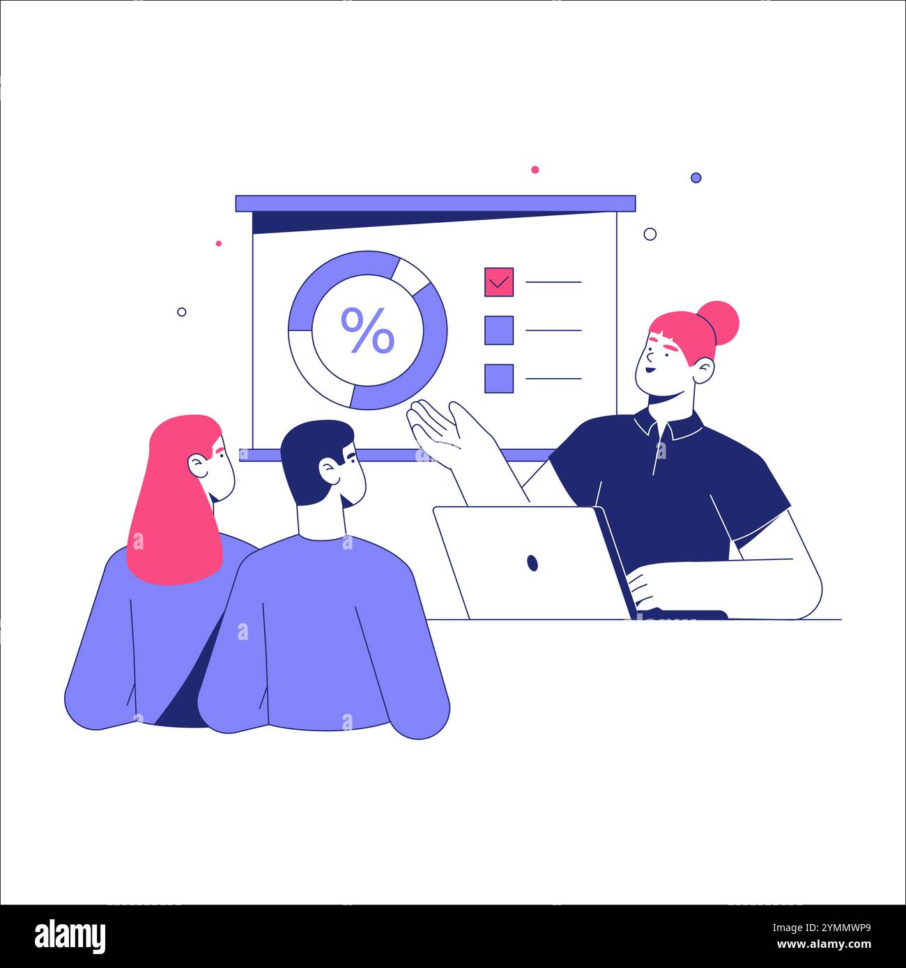 Female Presenter With Pie Chart In Flat Vector Illustration Symbolizing ...