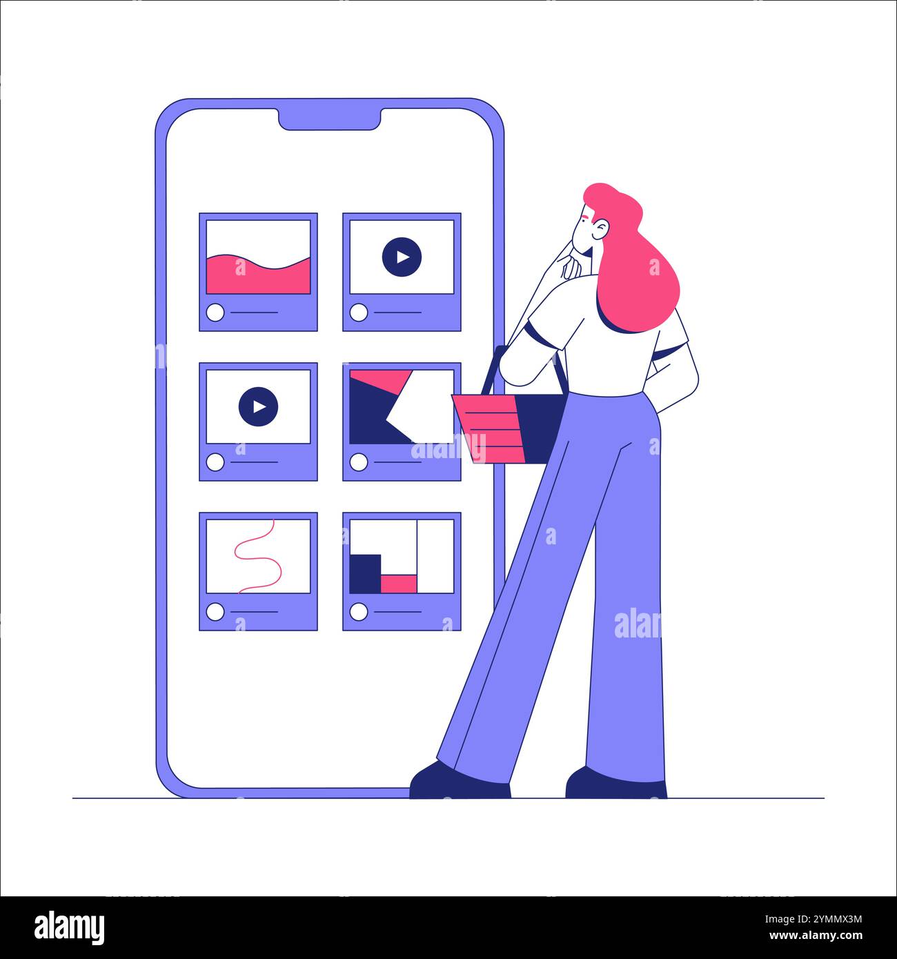 Woman Browsing Mobile App Interface In Flat Vector Illustration