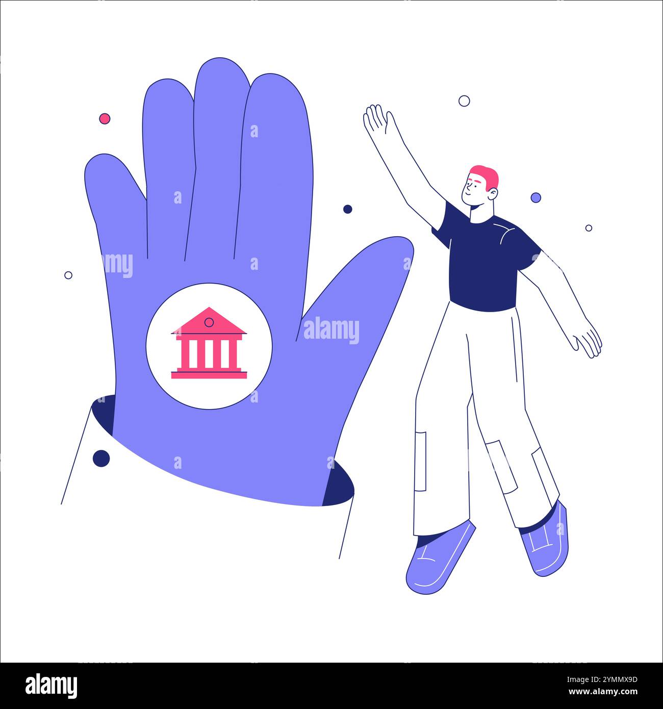 Giant Hand With Bank Icon And Male Character In Flat Vector ...