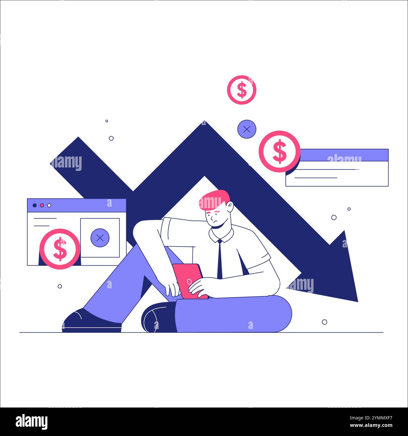 Man Sitting Under Downward Arrow Symbolizing Financial Loss, Crisis ...