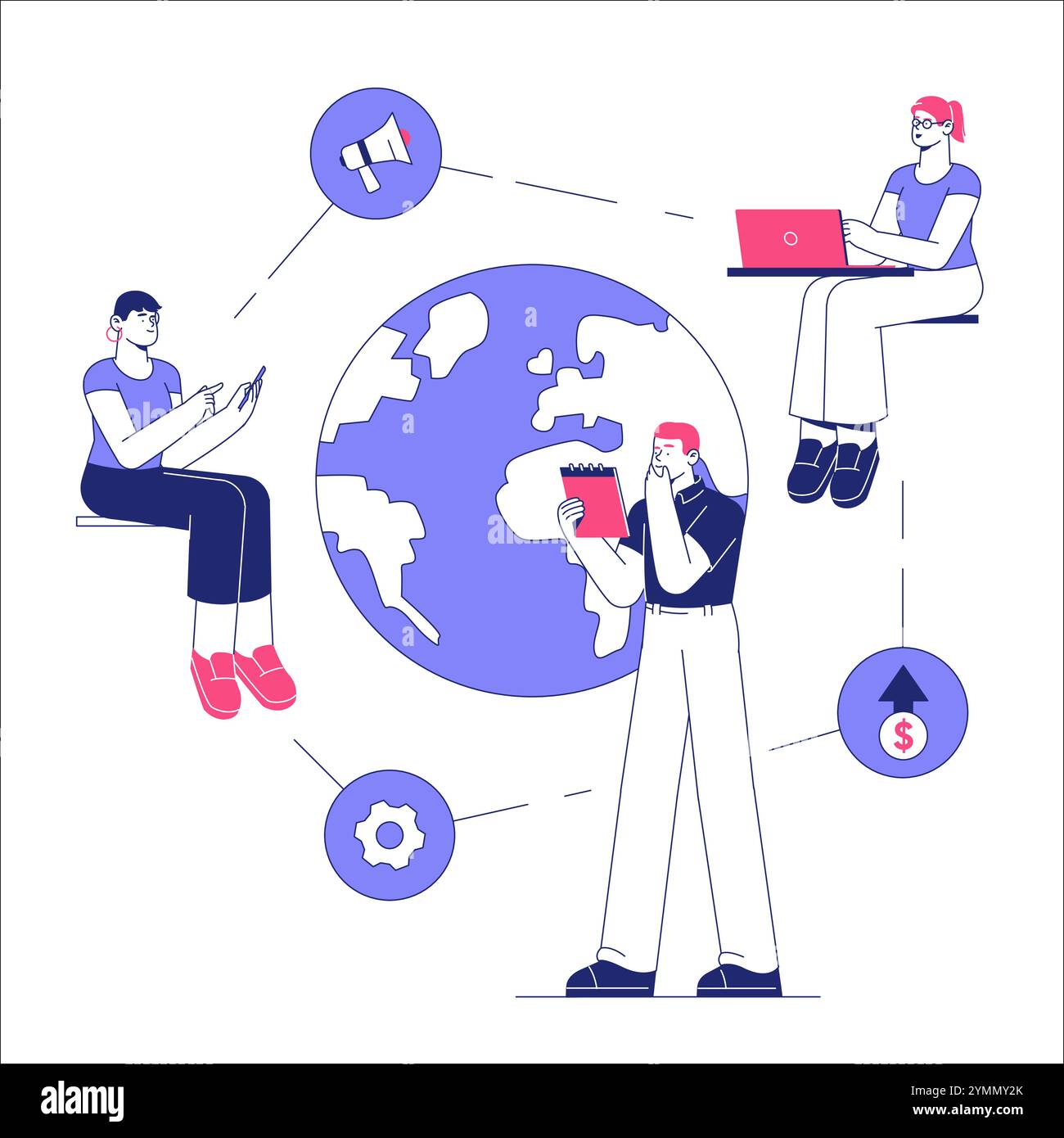 Global Team Collaboration With Digital Tools And Marketing Icons ...