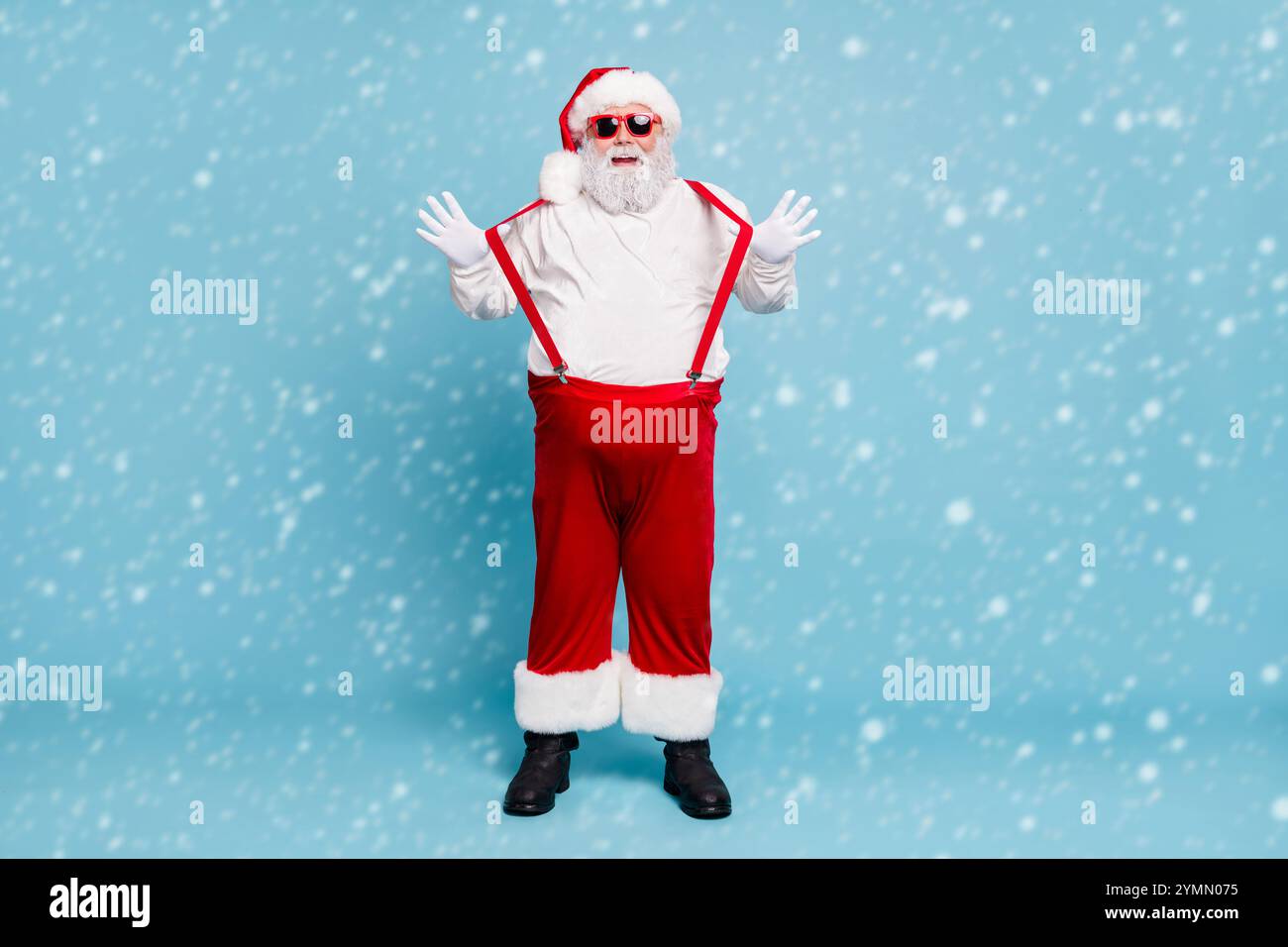 Full size photo of funny funky fat santa claus with big belly abdomen ...