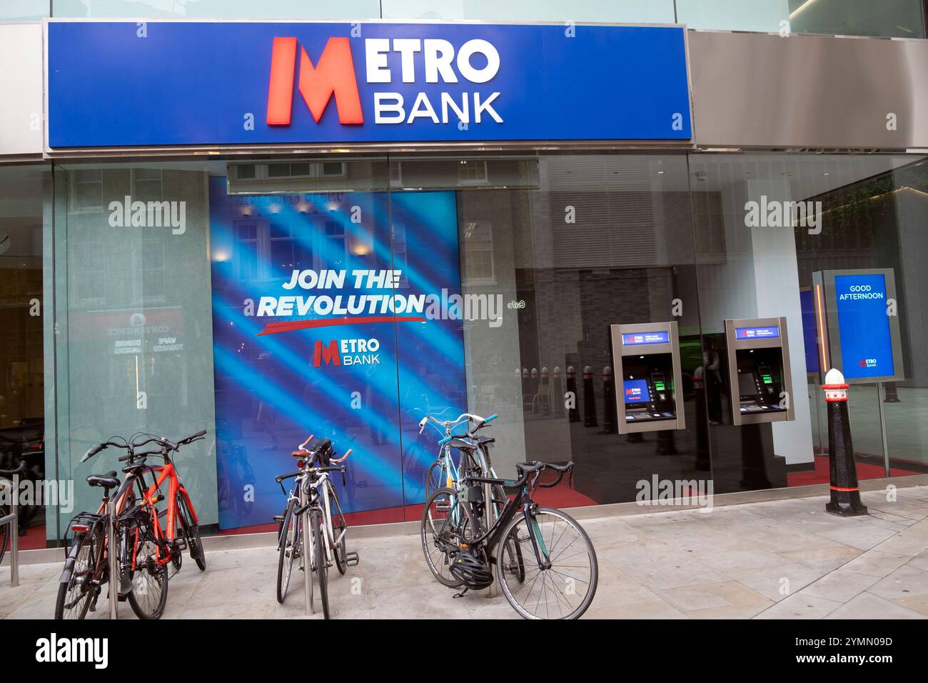 Exterior view of Metro Bank building ATM Join the Revolution advert ad ...