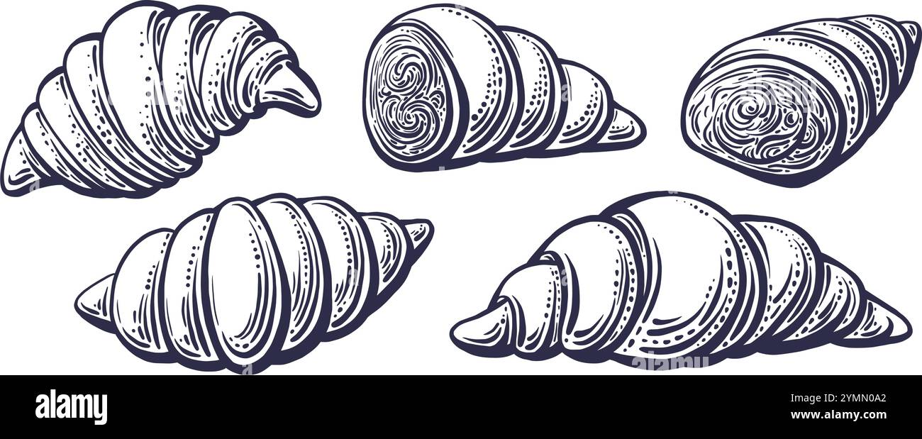 Fresh baked croissant. Hand drawn vector set. Breakfast sketch ...