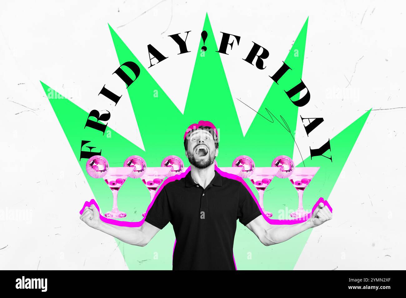 Friday banner collage of celebrating finally work done tired guy fists ...