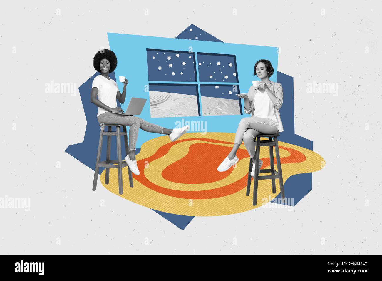 Collage of two peaceful positive black white effect girls sit cafeteria ...