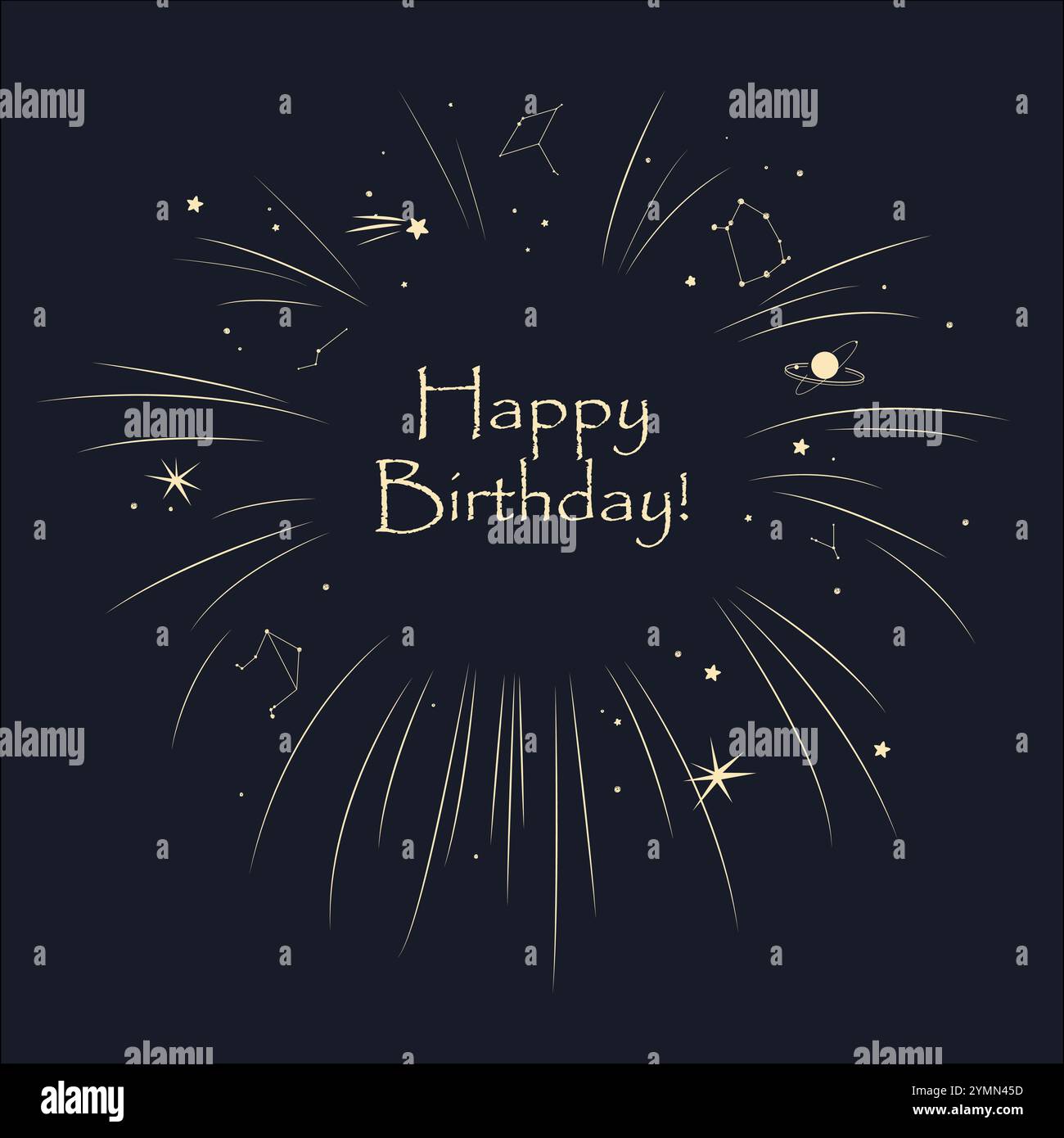 Night sky background frame isolated design element. Happy birthday text. Stars, constellations ...