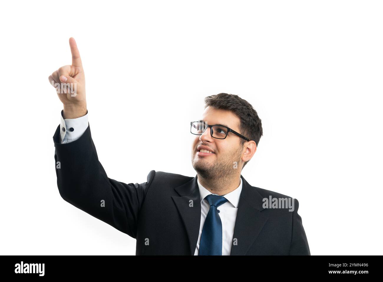 Happy adult businessman pointing index finger presenting blank ...