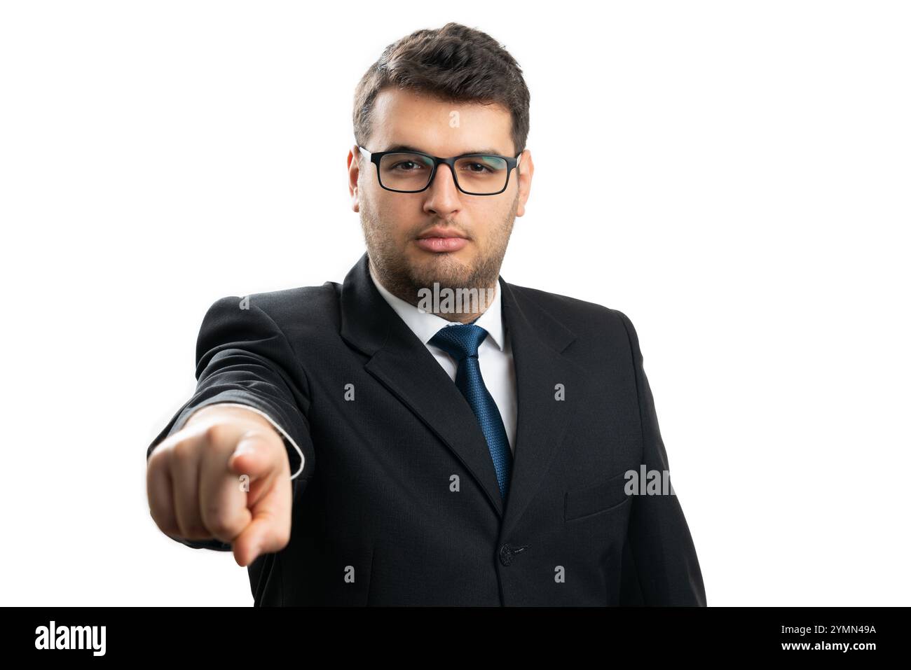 Adult male recruiter wearing corporate suit pointing index finger at ...