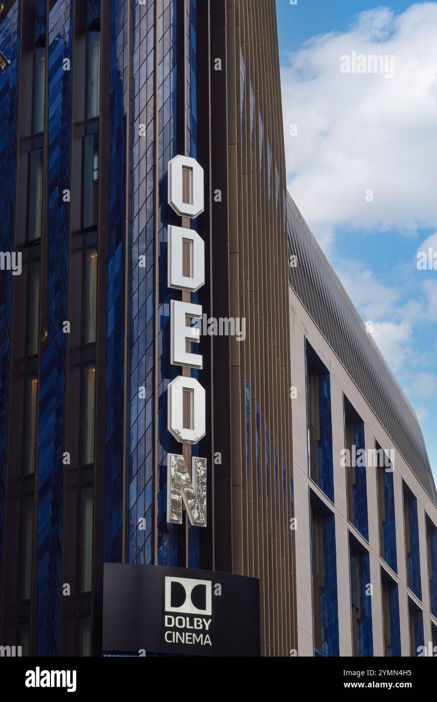 London, UK Odeon Luxe West End Cinema exterior featuring striking ...