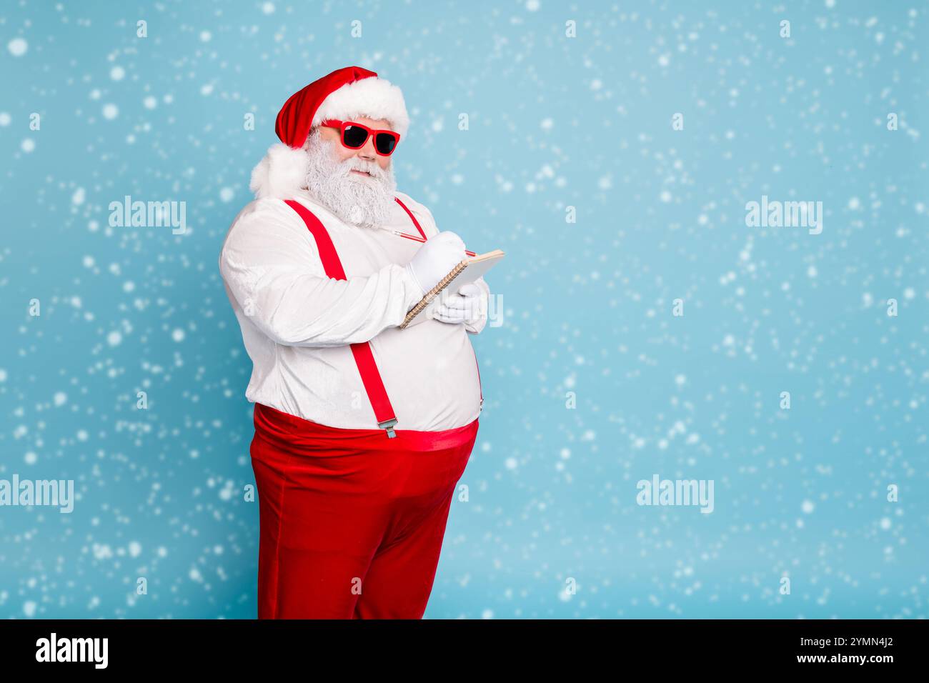 Turned photo of funny funky fat santa claus in modern eyewear with big ...