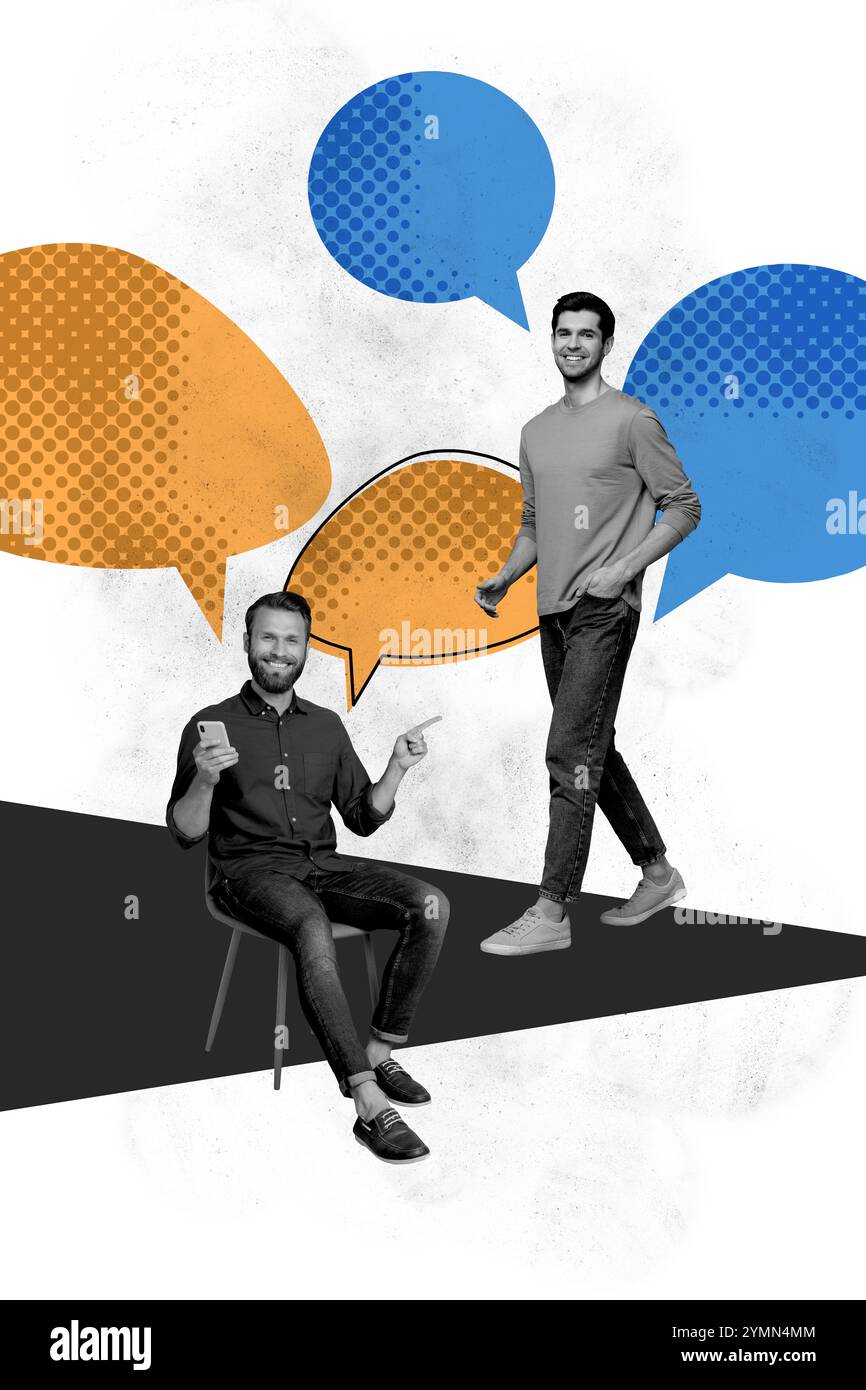 Vertical photo collage of two happy guys communication hold phone ...