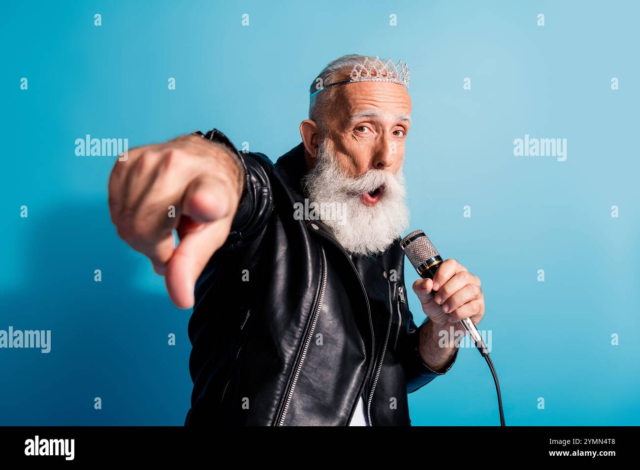 Photo of aged senior man singer voice mic point finger in camera ...