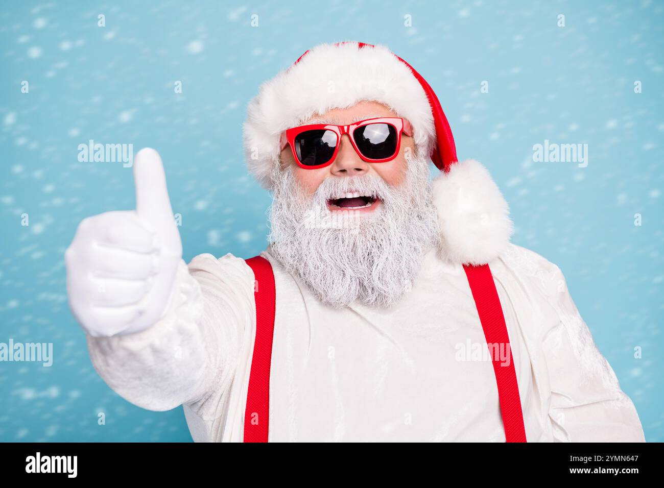 Close up photo of funny funky fat overweight santa claus have modern ...