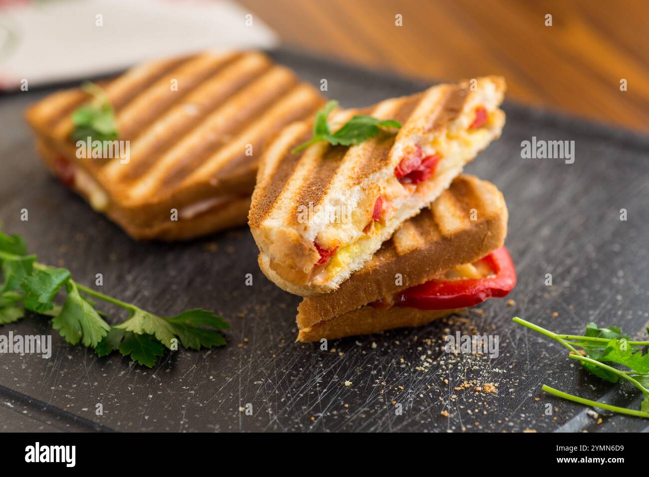 grilled fried bread toasts with filling inside Stock Photo - Alamy