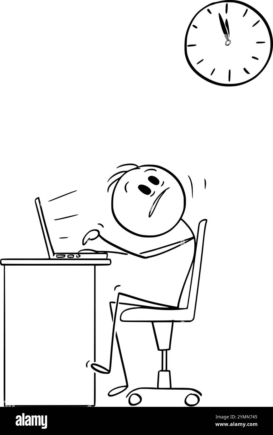 Office worker working on computer and looking at wall clock , vector ...