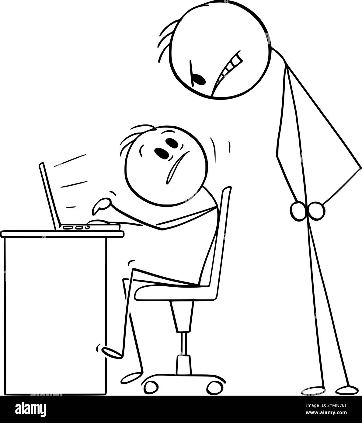 Office worker working on computer and angry boss watching him , vector ...