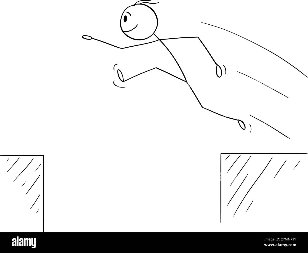 Person jumping over the pit or abyss, vector cartoon stick figure or ...