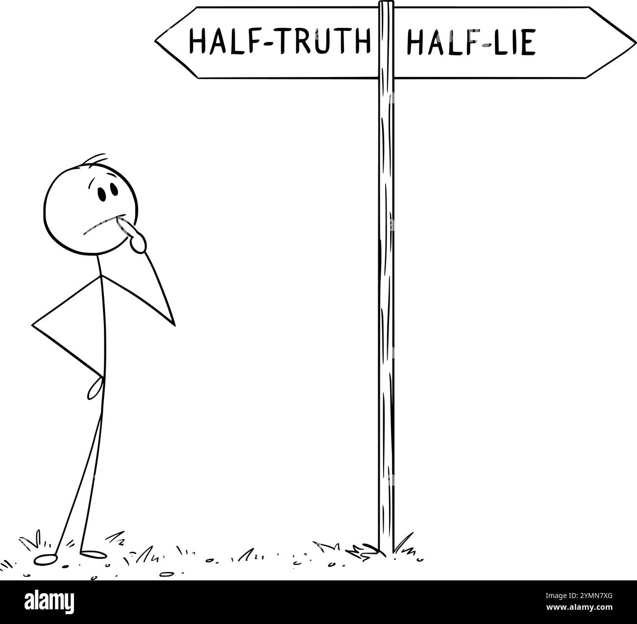 Person choosing between half-truth and half-lie, true and lie, fact and ...