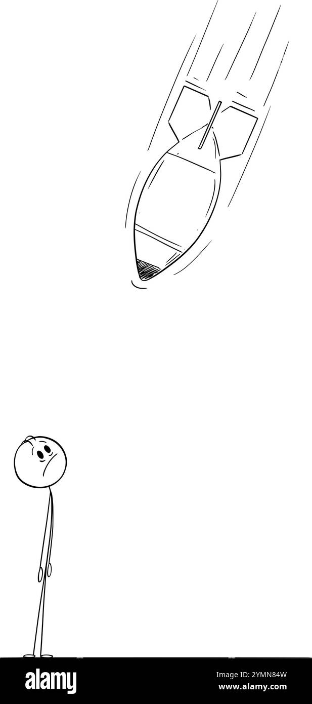 Person looking at falling air bomb, war and bombing of civilians ...