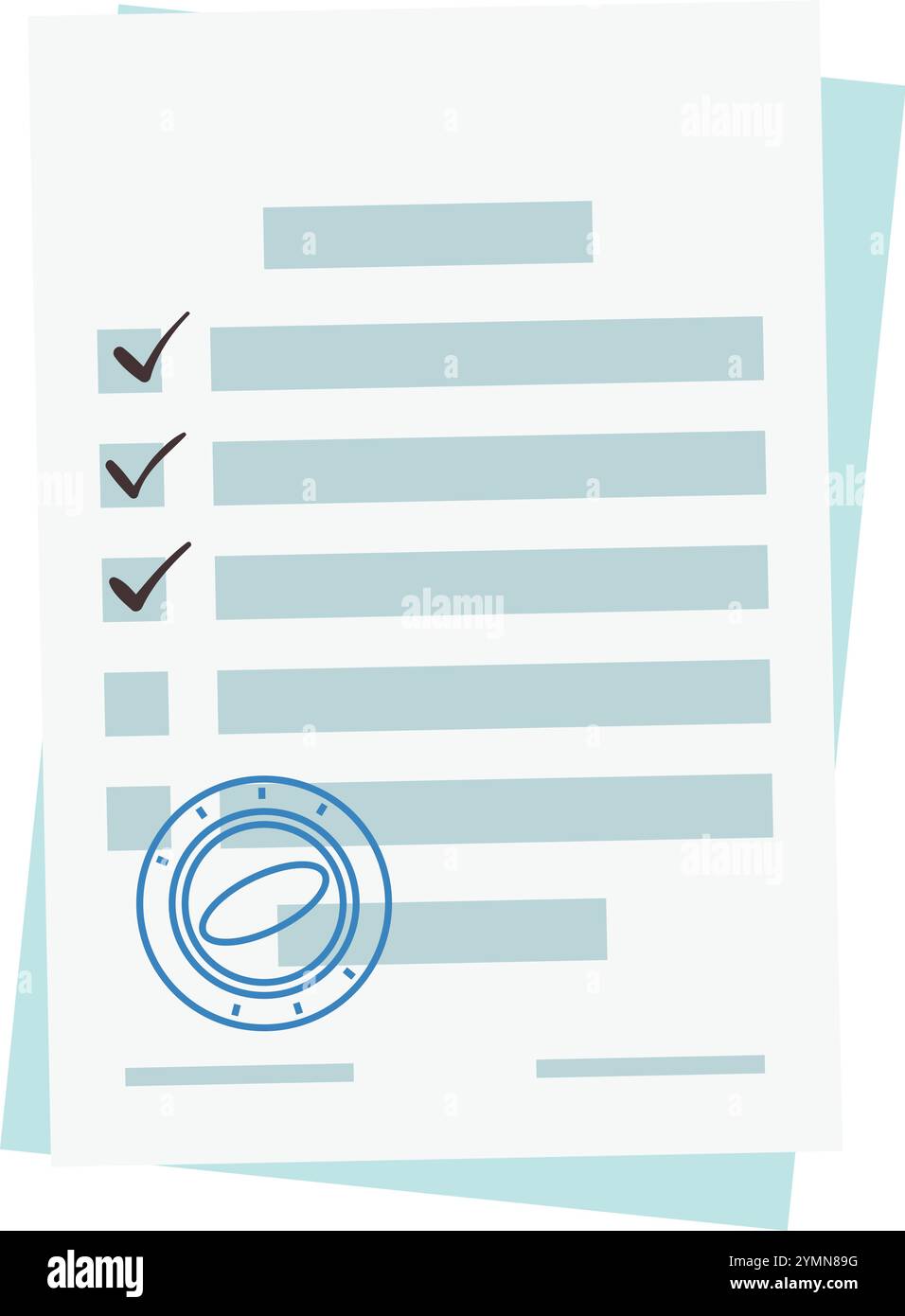 Signed paper form with checkboxes and blue stamp mark isolated on white ...