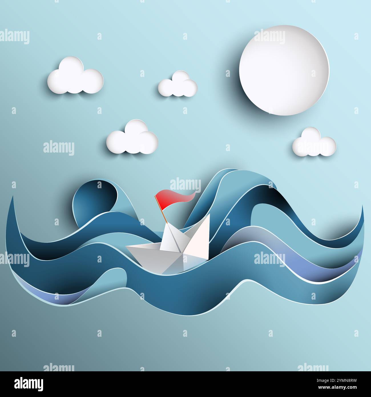 A paper boat sails on the waves with a red flag. Landscape in the style ...