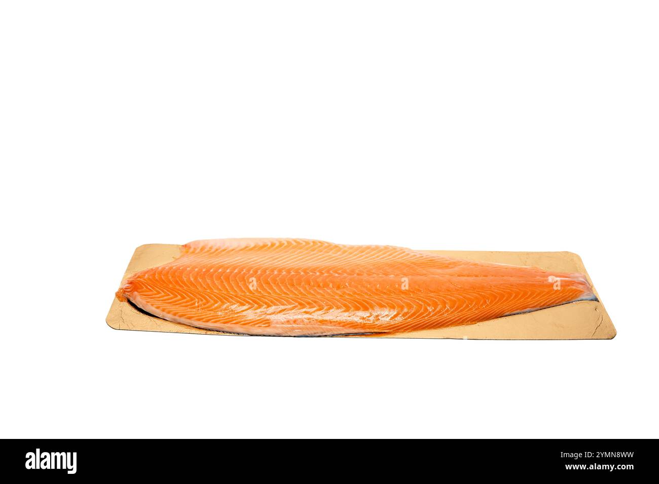Salmon fillet on a white background. The salmon is cut in half and ...