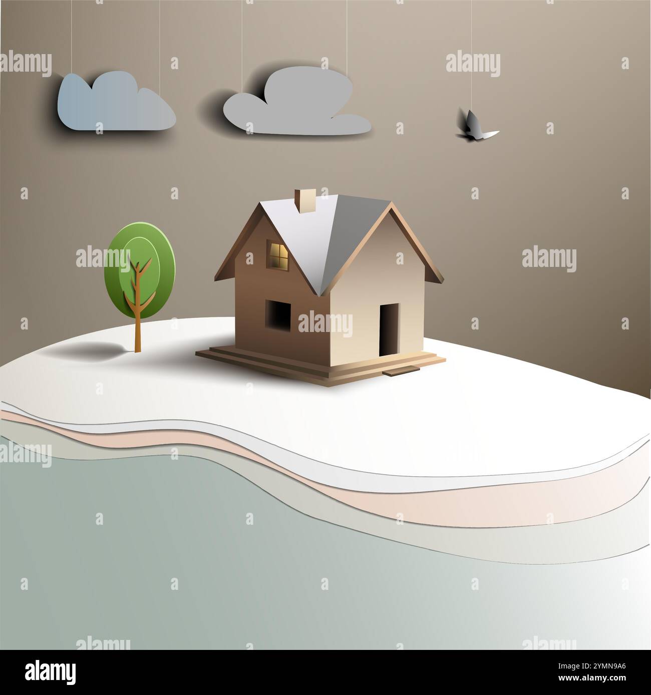 A cartoon scene with a house, a tree, and a river below, in the style ...