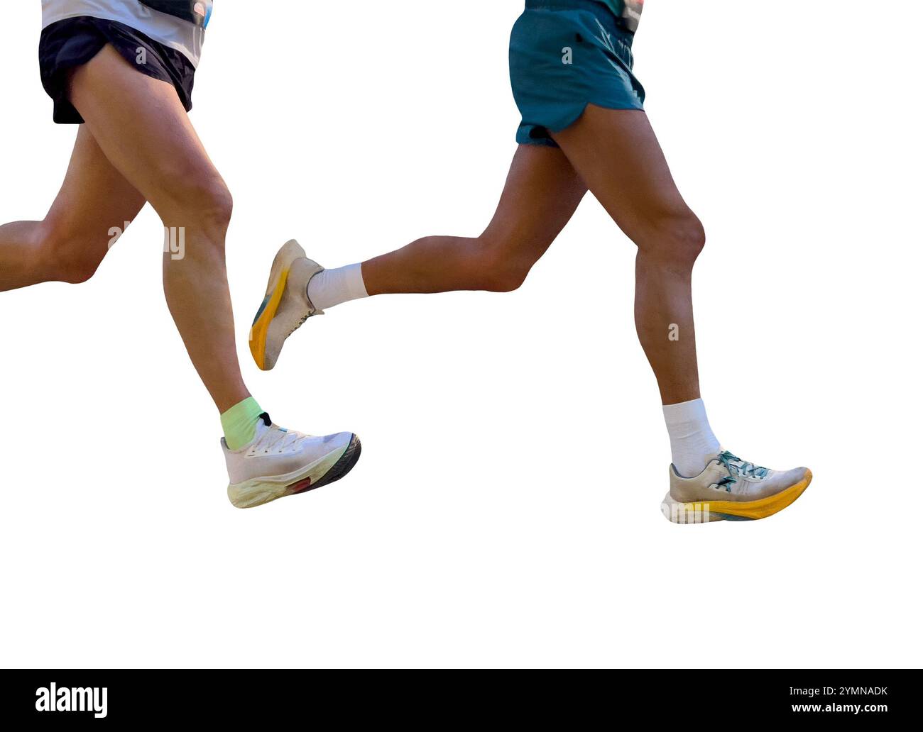 legs two athletes running marathon race isolated on white background ...