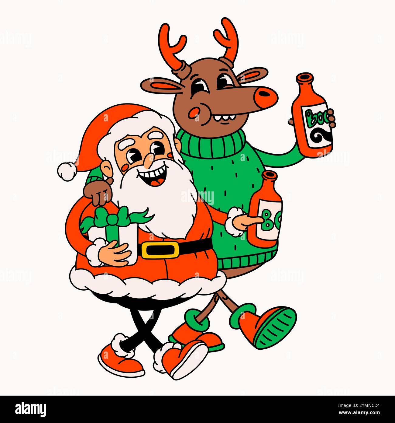 Drunk Santa Claus and deer. Groovy vintage funny Santa and reindeer ...