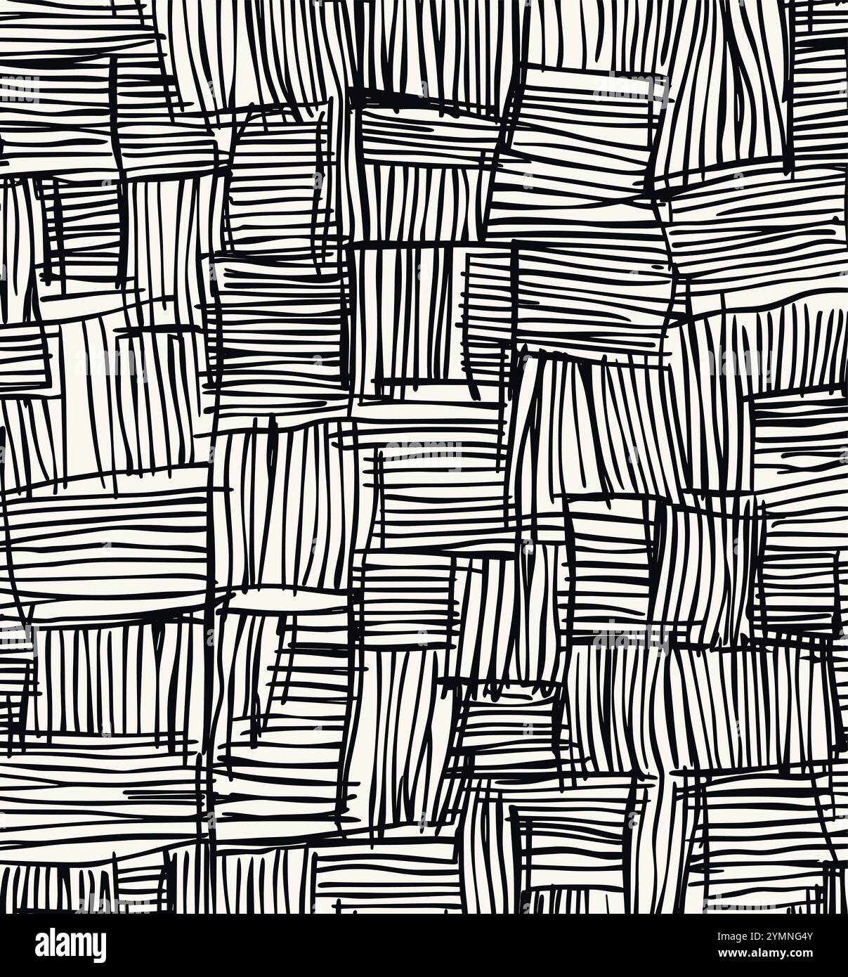 Black and white, hand-drawn seamless pattern of large, woven wicker ...