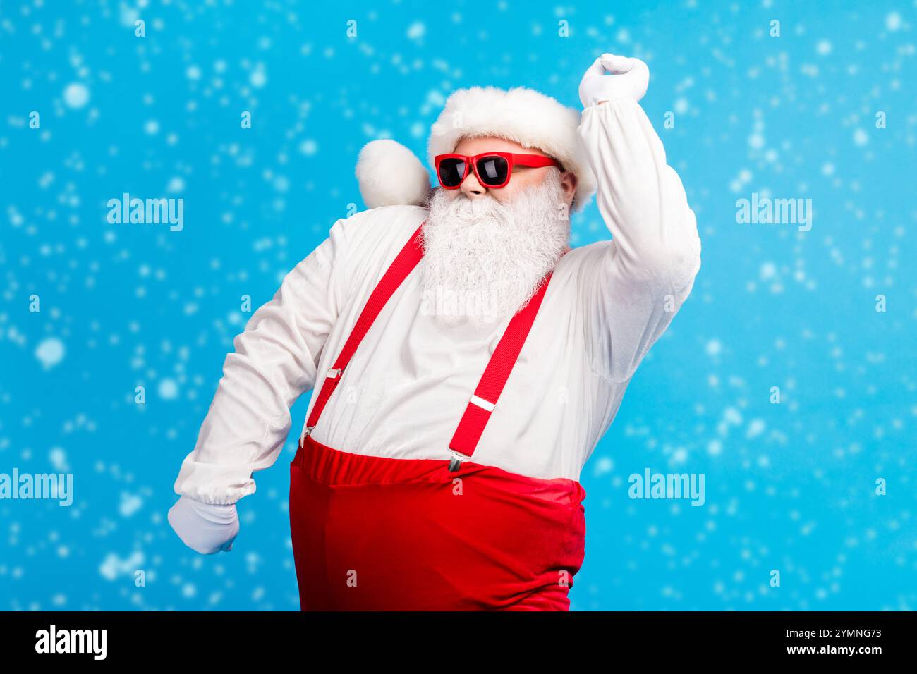 Photo of funky old man grey beard dance nightclub raise hand wear santa ...