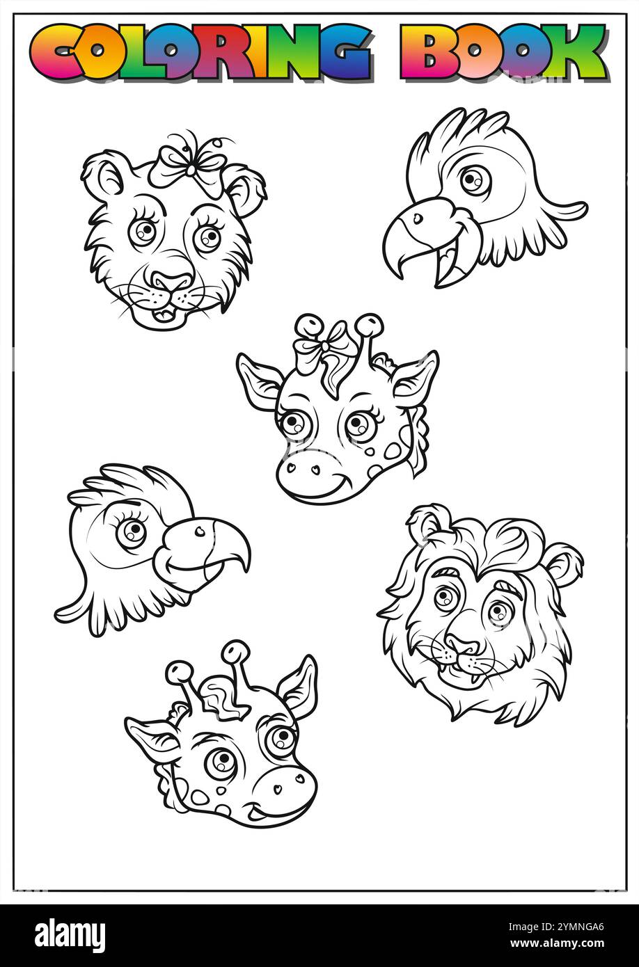 Black and white illustration of cute animal faces, including a lion ...