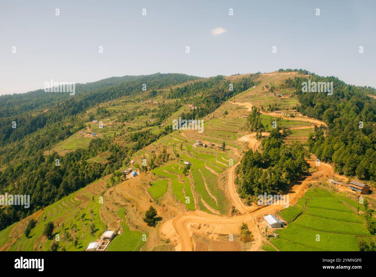 Aerial view of green and colorful rice field terraces, Nepal. High ...