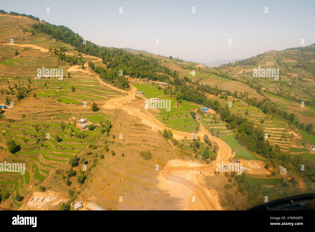 Aerial view of green and colorful rice field terraces, Nepal. High ...