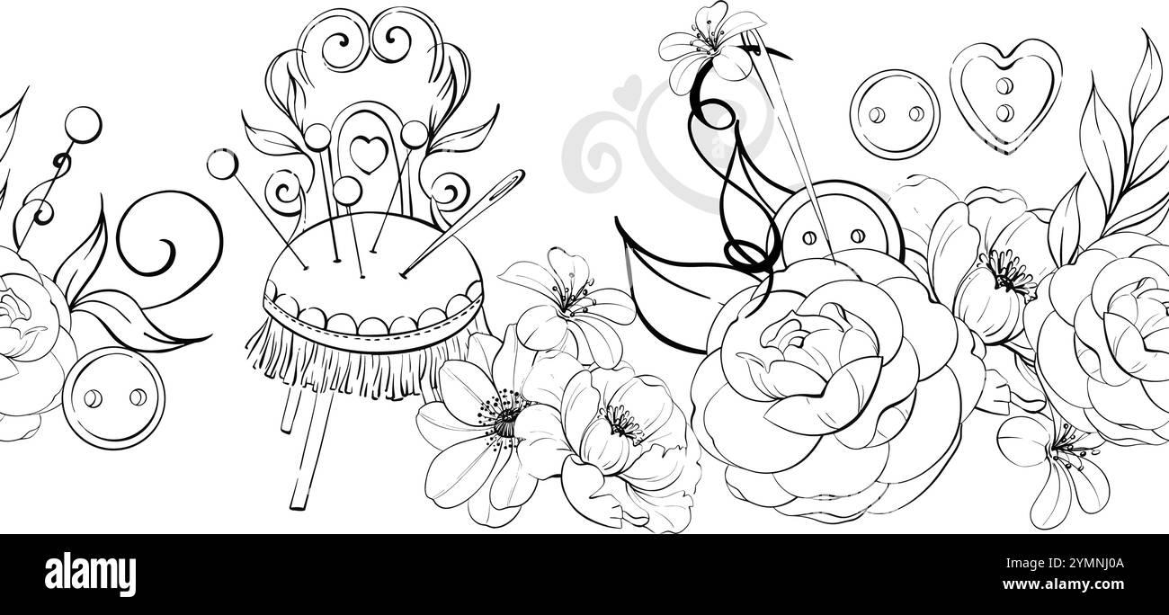Sewing tools with flowers, seamless background. Needles, buttons ...