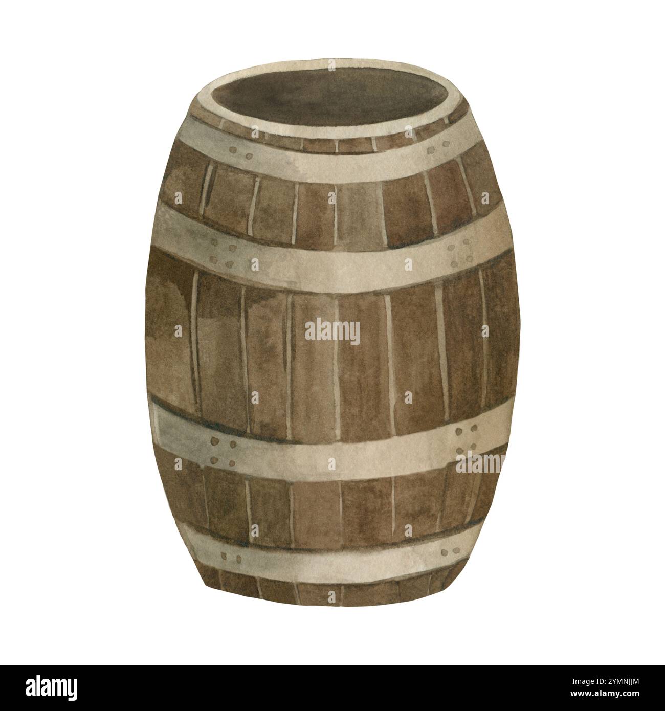 Wooden barrel hand-drawn with watercolor on white background. Barrel ...