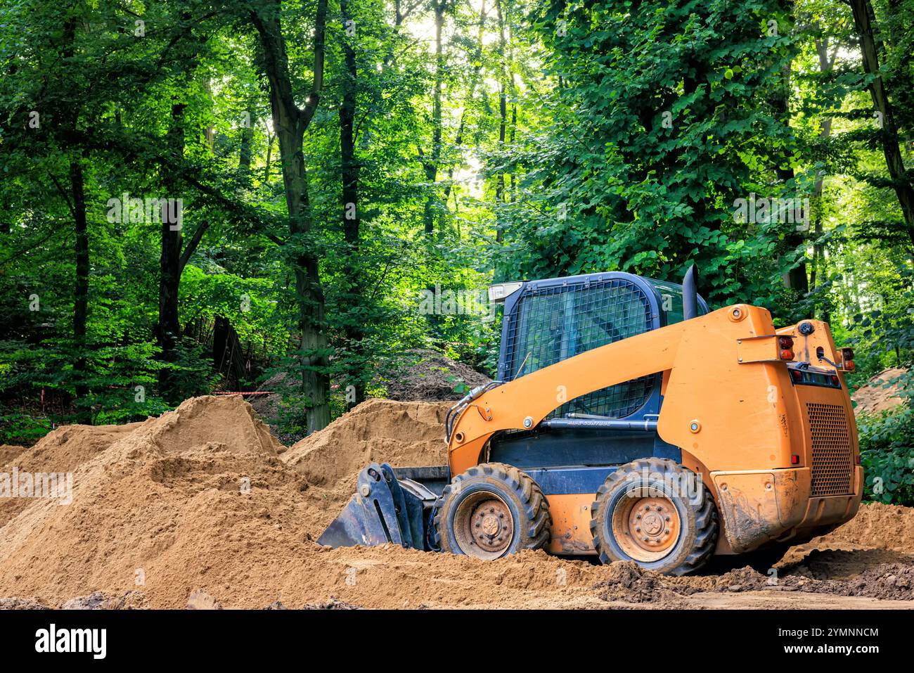 An orange skid steer loader shovels soil in a park area Stock Photo - Alamy