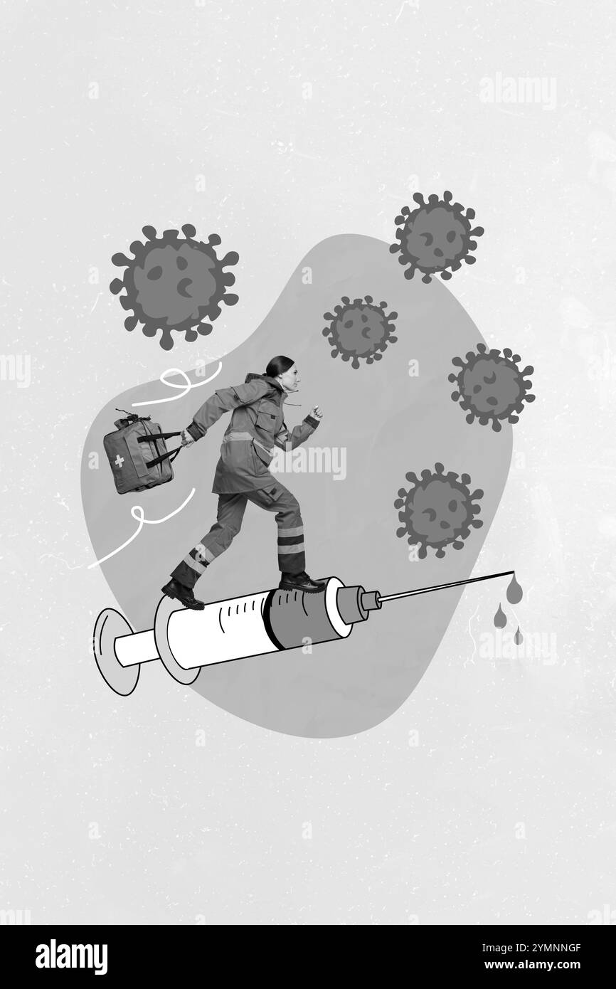 Collage vertical artwork poster of confident lady doctor running first ...