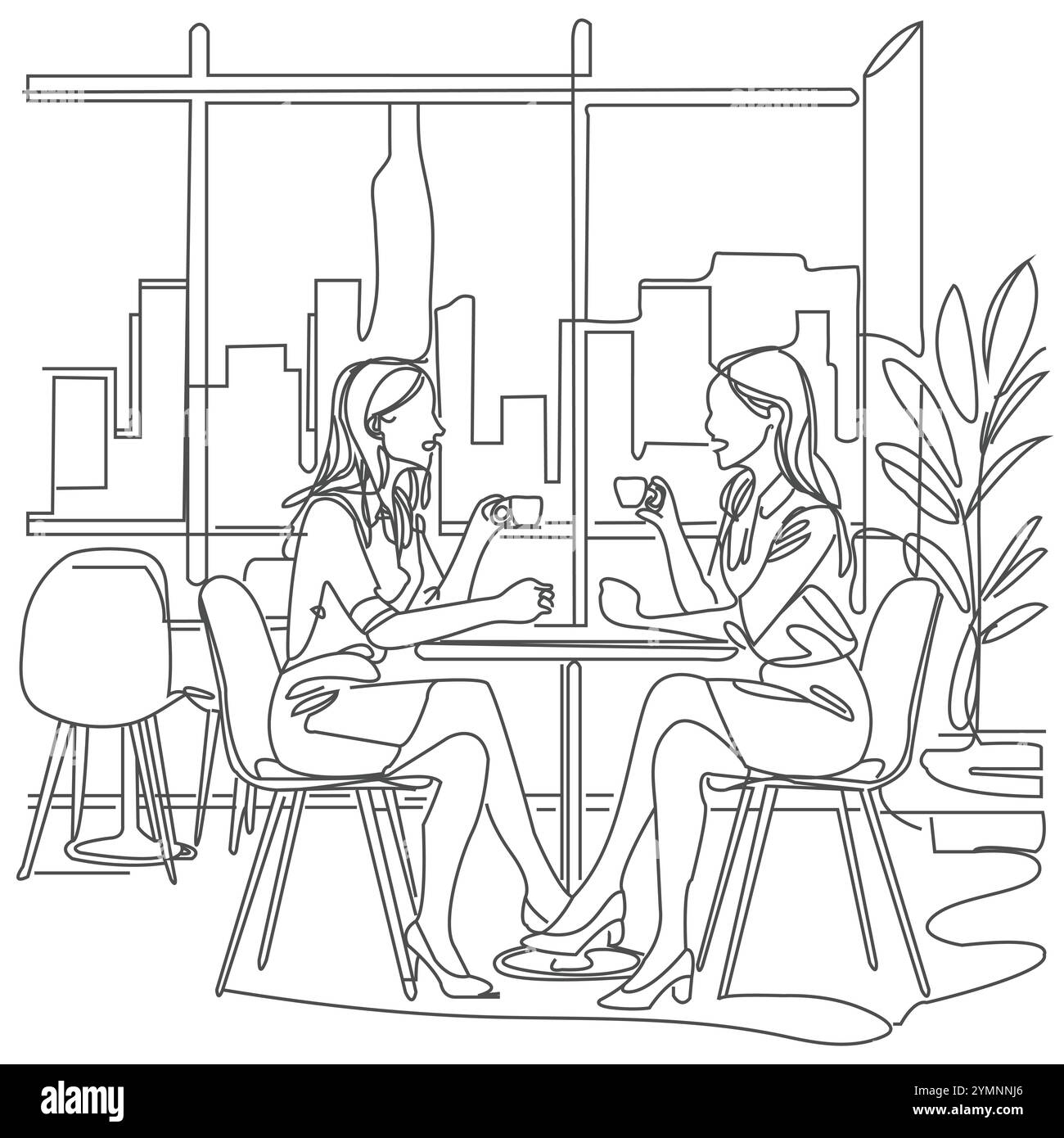 Continuous line illustration of two women involved in a thoughtful ...