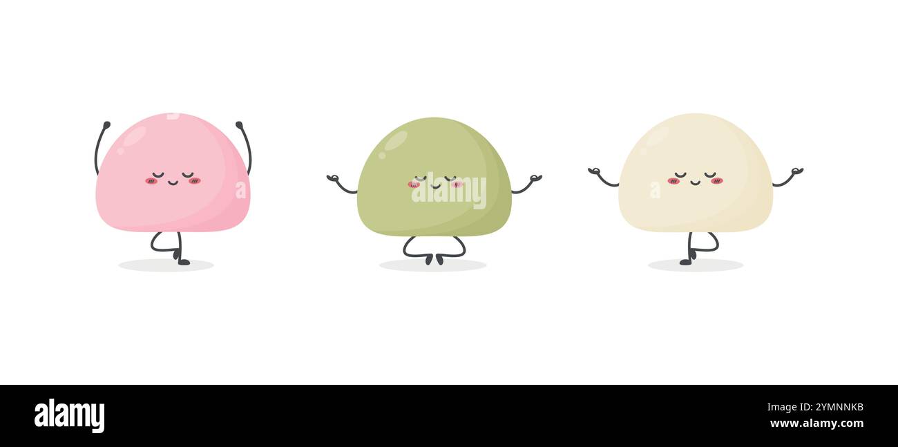 Three cute cartoon mochi characters doing yoga. Japanese sweet rice ...