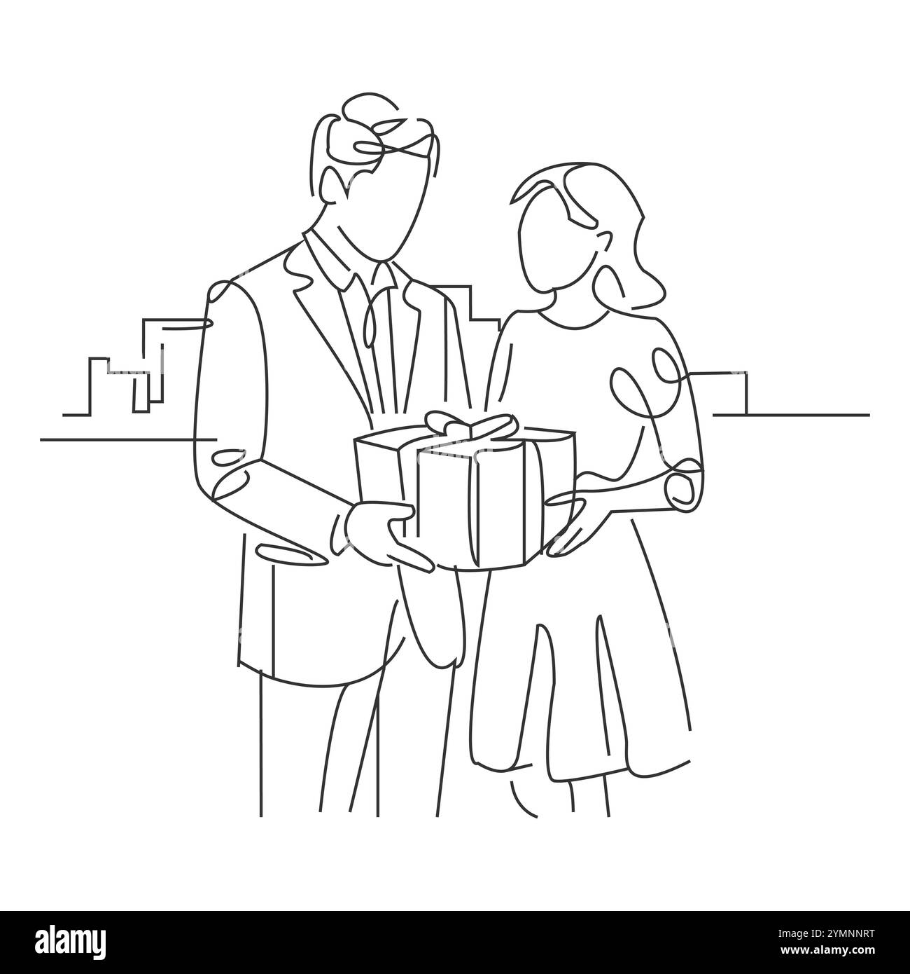 Single continuous line drawing couple holding packaged present together ...