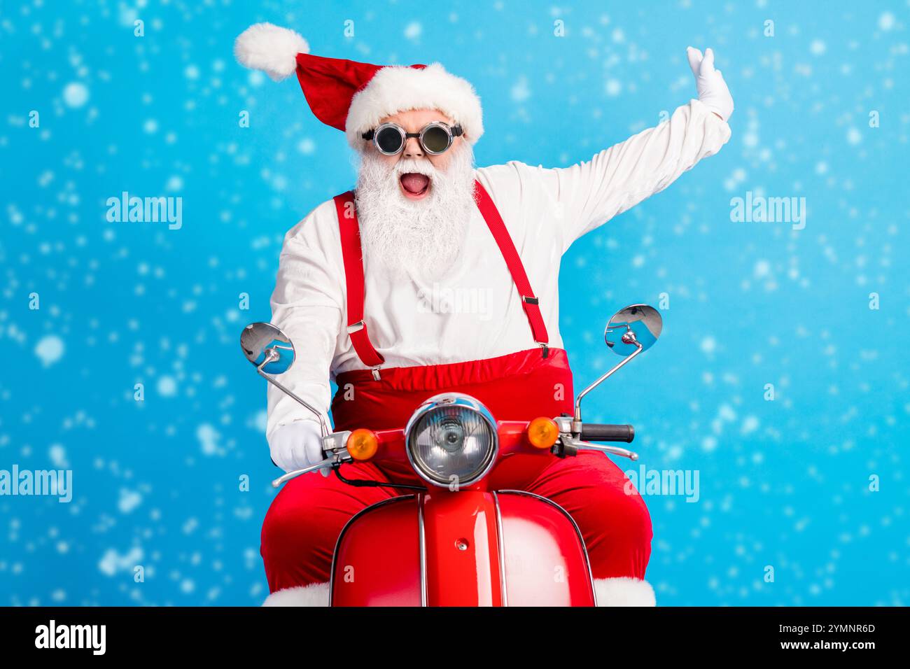 Photo of grandfather grey beard ride retro scooter crazy open mouth ...