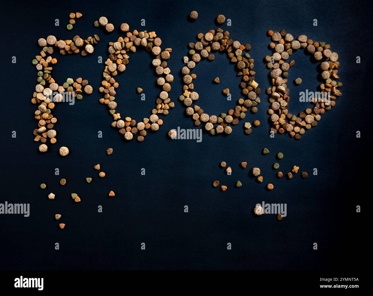 Background with the word food, text built from dry pet food Stock Photo ...