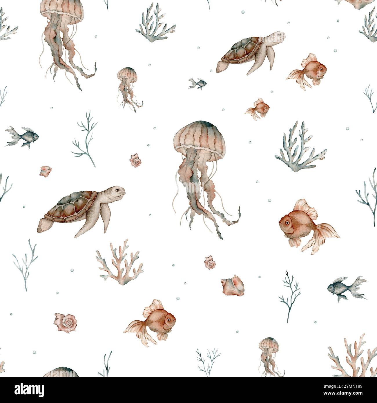 Seamless Pattern with Undersea animals. Hand drawn watercolor ...