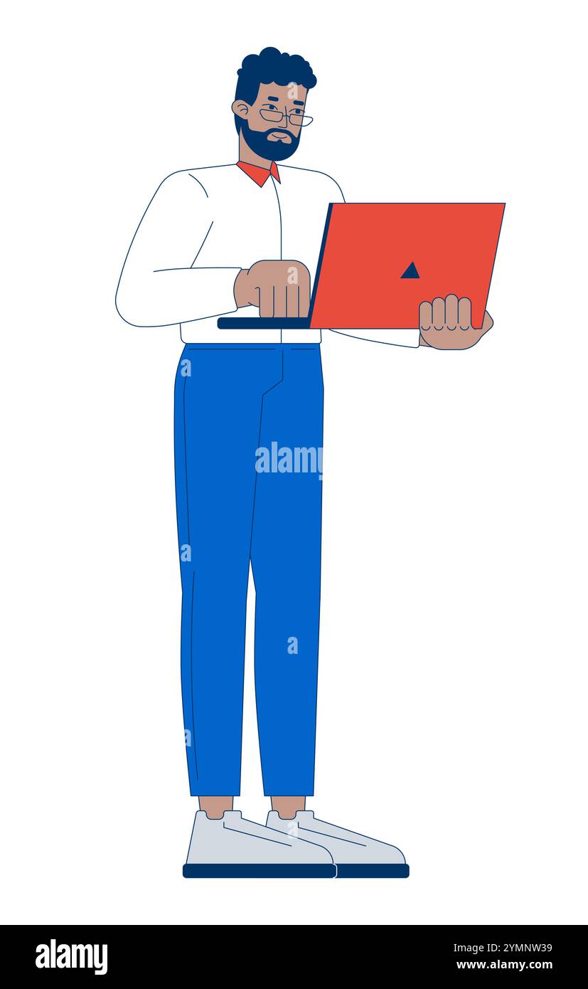 Business casual black man standing with laptop typing 2D cartoon ...