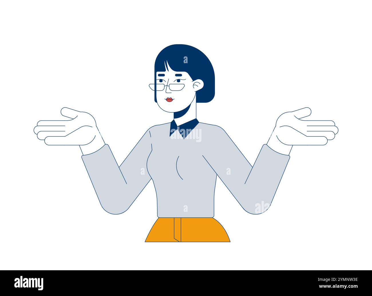 Unsure business casual asian woman shrugging shoulders 2D cartoon ...